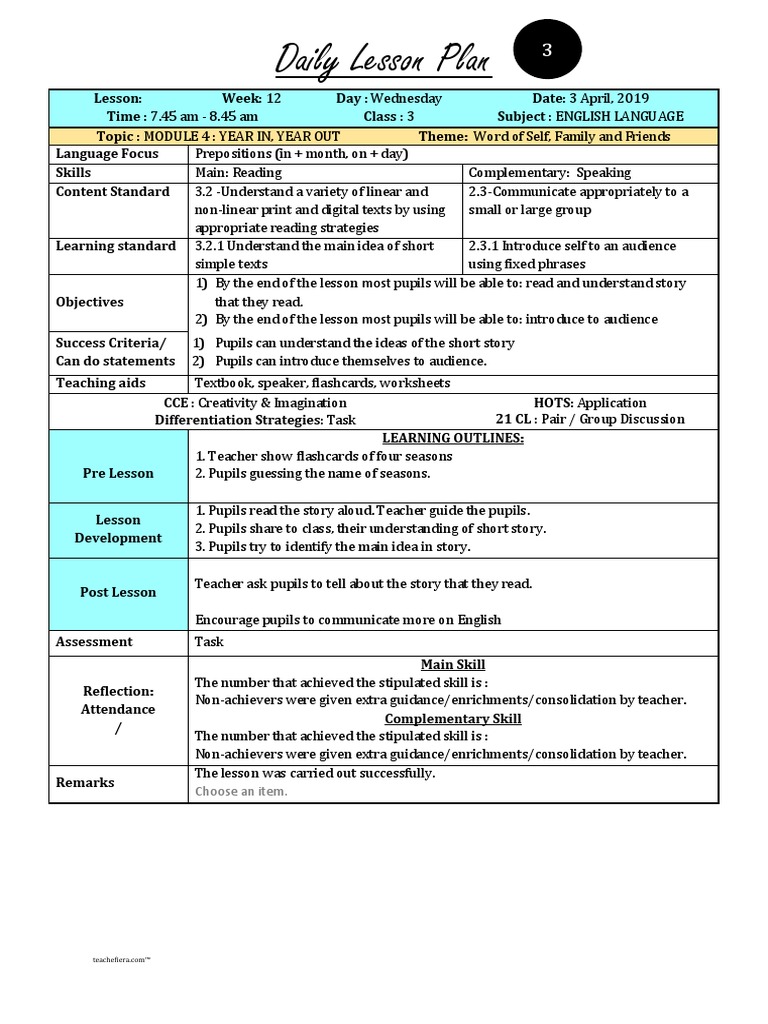 Year 3 Lesson Plan 3 - 4 - 2019 | PDF | Lesson Plan | English Language
