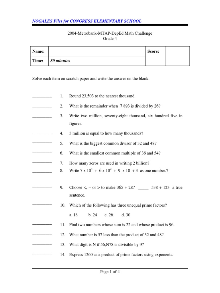 Grade 4 MTAP Test 3 Ok Elimination 2004 | PDF | Numbers | Mathematical ...