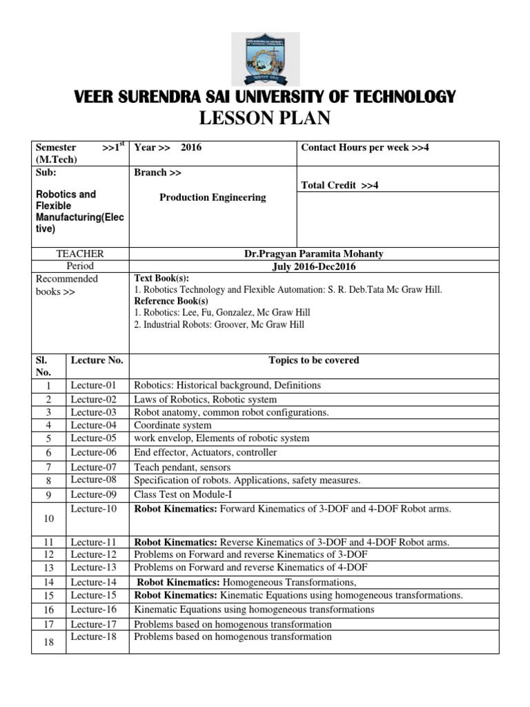 VSSUT Robotics and Flexible Manufacturing Lesson Plan | PDF | Robotics ...