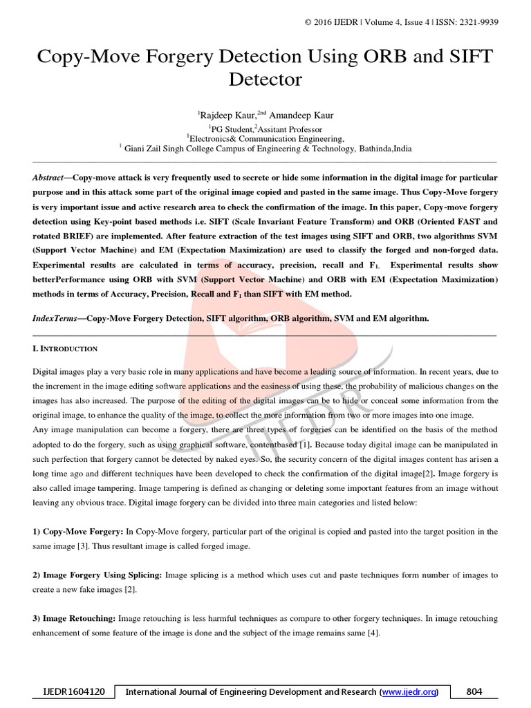 Copy Move Forgery Detection Using Orb And Sift Detector Rajdeep Kaur Amandeep Kaur Pdf