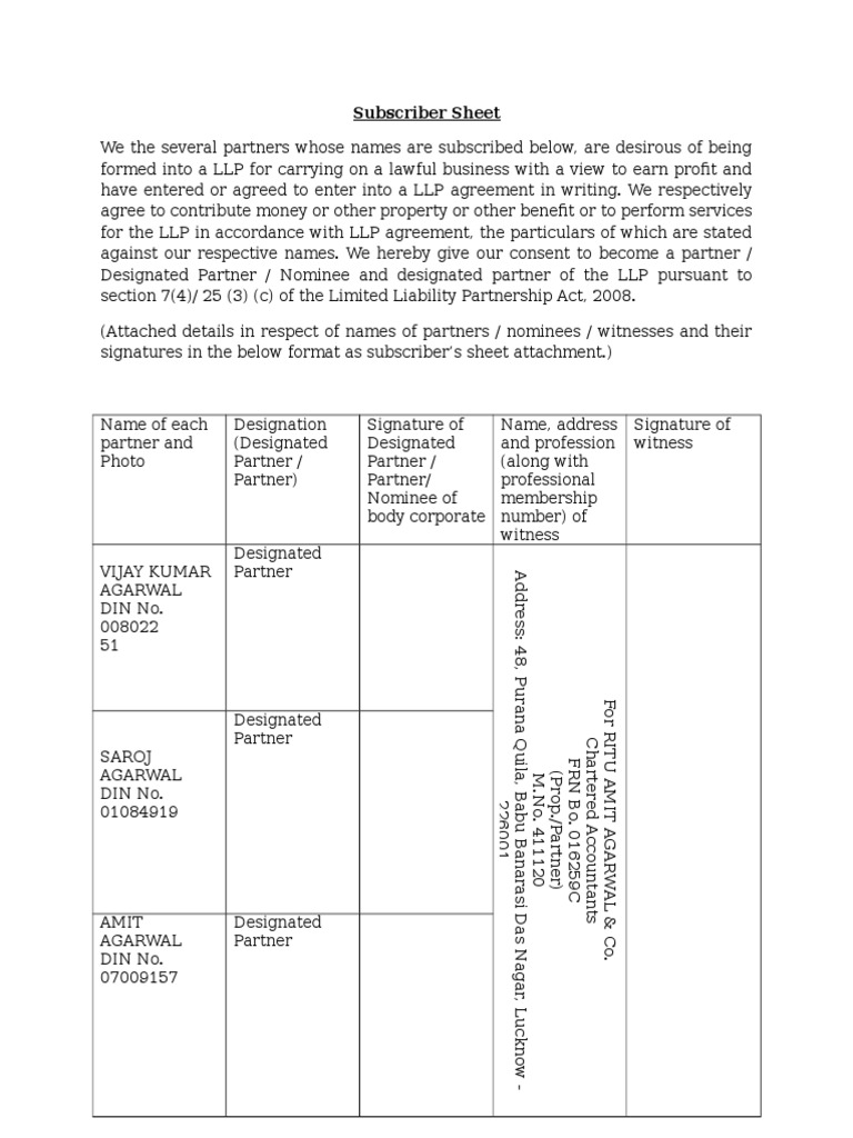 Subscriber Sheet LLP | PDF | Limited Liability Partnership | Law