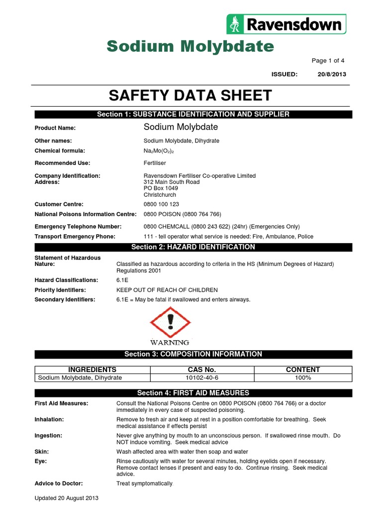 Sodium Molybdate: Safety Data Sheet | Download Free PDF | Toxicity ...