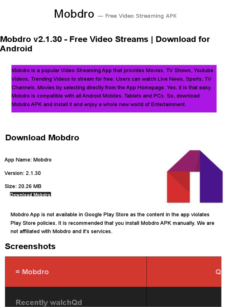 Mobdro For Smart TV - Download Mobdro For PC | PDF | Google Play ...