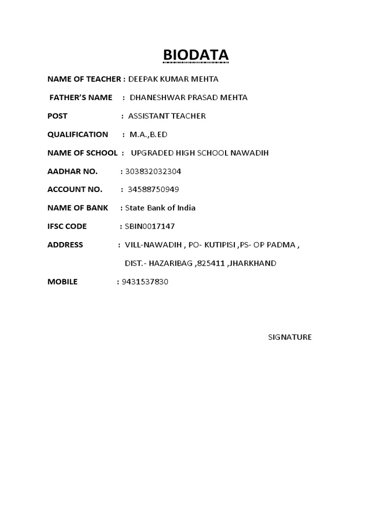 Assistant Teachers' Biodata Jharkhand | PDF