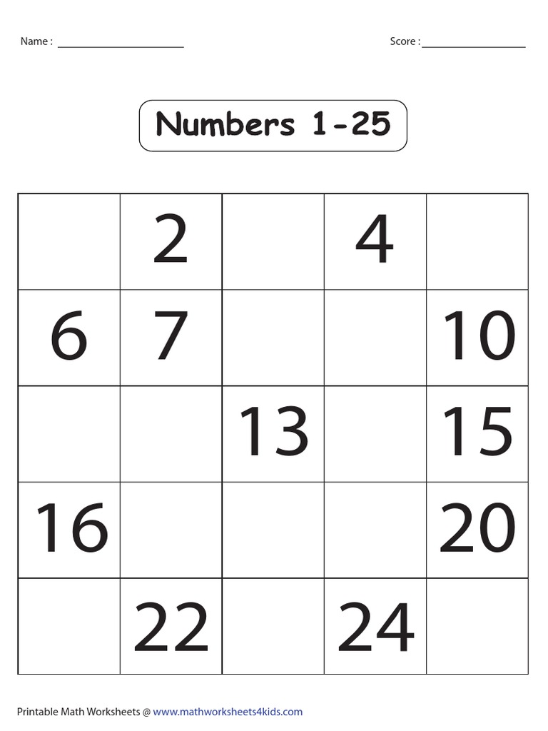 Numbers 1-25 Missing Numbers Worksheet Template PDF | PDF