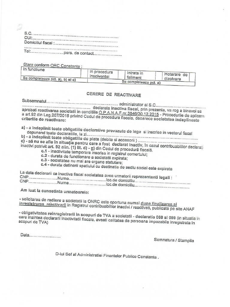 Cerere Reactivare ANAF Xerox