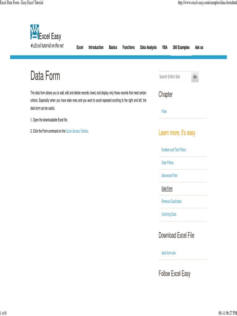 Excel Data Form - Easy Excel Tutorial | PDF | Microsoft Excel | Computer Related Introductions
