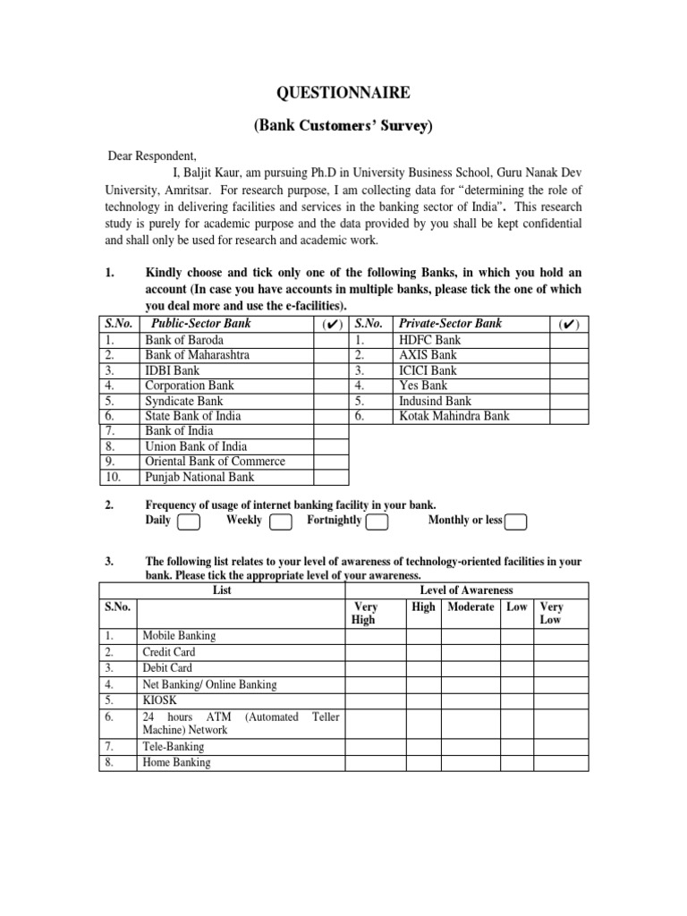 Questionnaire (Bank Customers' Survey) : S.No. Public-Sector Bank ...