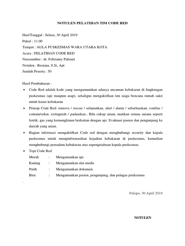 Notulen Pelatihan Code Red Puskesmas | PDF | Kesehatan Holistik | Sains & Matematika
