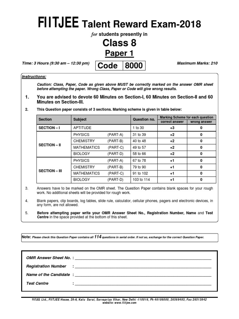 Fiitjee: Talent Reward Exam-2018 | PDF | Cell (Biology) | Carbon