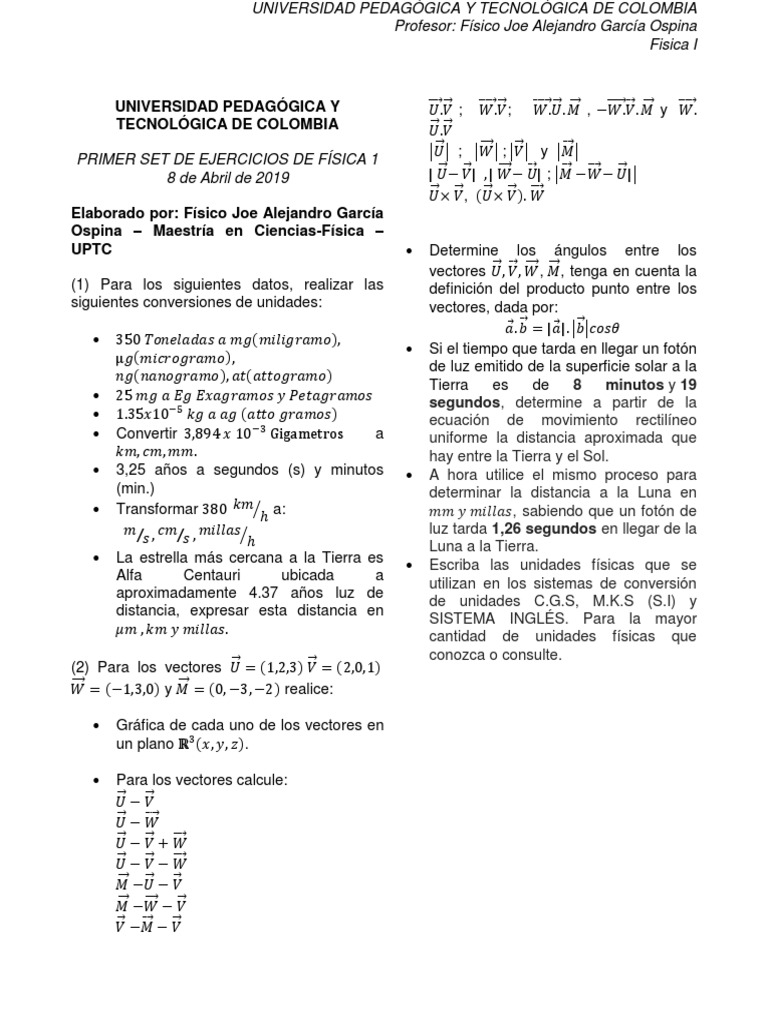 Taller 1 Física Elemental Uptc | PDF | Física Aplicada e Interdisciplinaria | Ciencias fisicas