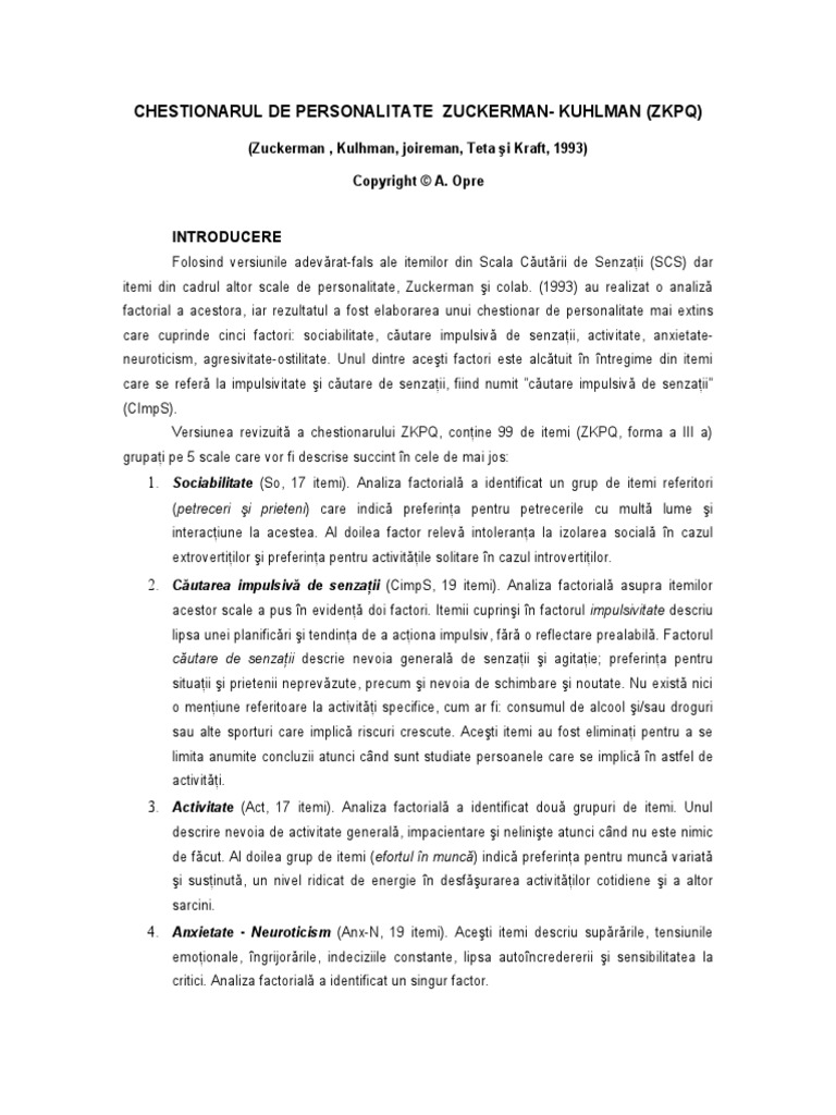 Chestionarul de Personalitate Zuckerman - Kuhlman PDF | PDF