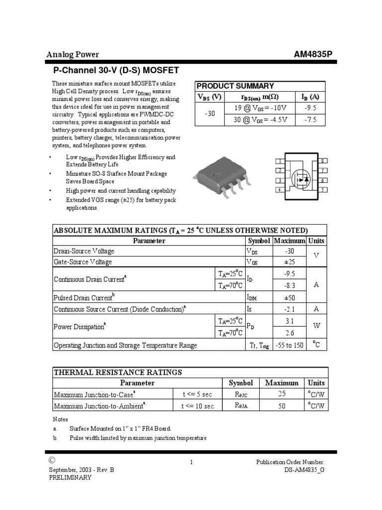 AM4835P Analog Power P-Channel 30-V (D-S) MOSFET: 19 at V - 10V - 9.5 ...