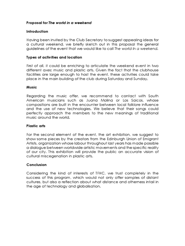 Proposal For The World in A Weekend | PDF