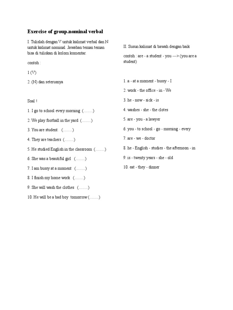 Exercise of Nominal Verbal. | PDF