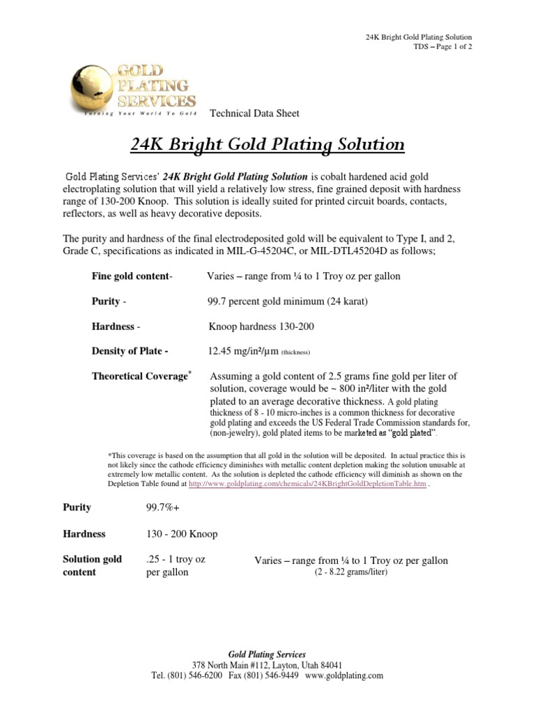 24k Bright Gold Plating Solution Technical Data Sheet 2018 | PDF | Gold ...