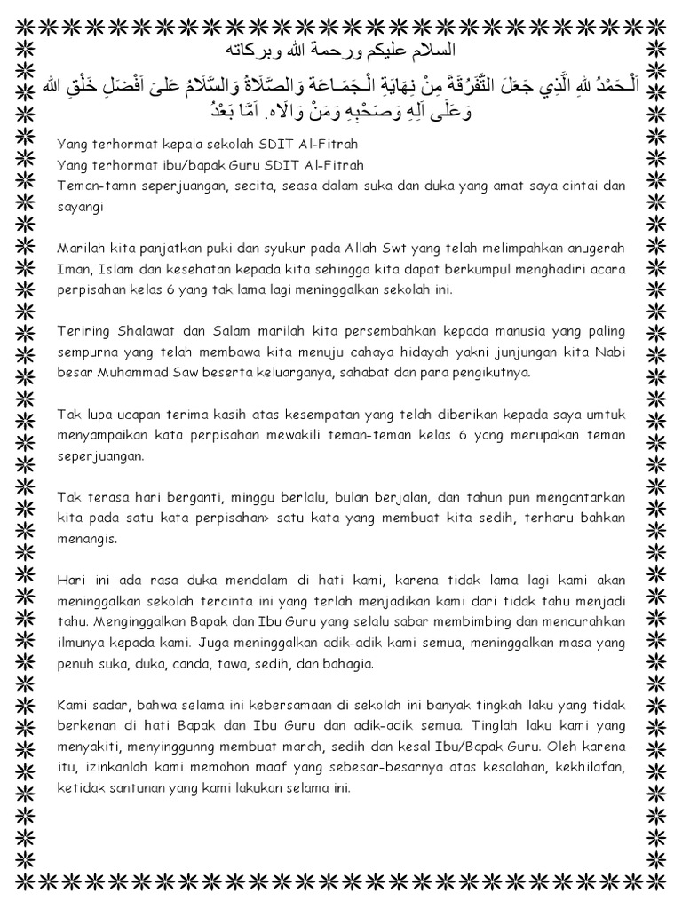 Teks Pidato Perpisahan Kelas 6 SDIT Al-Fitrah | PDF