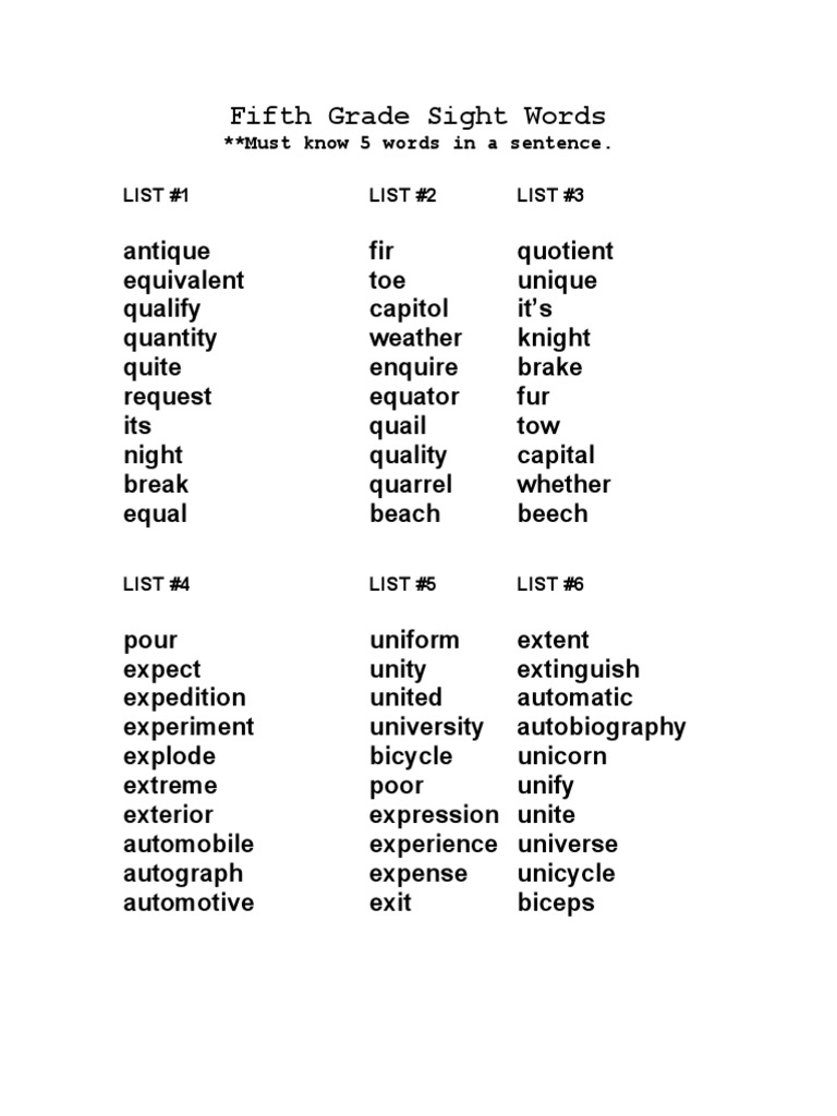 Fifth Grade Sight Words Lists | PDF | Nature