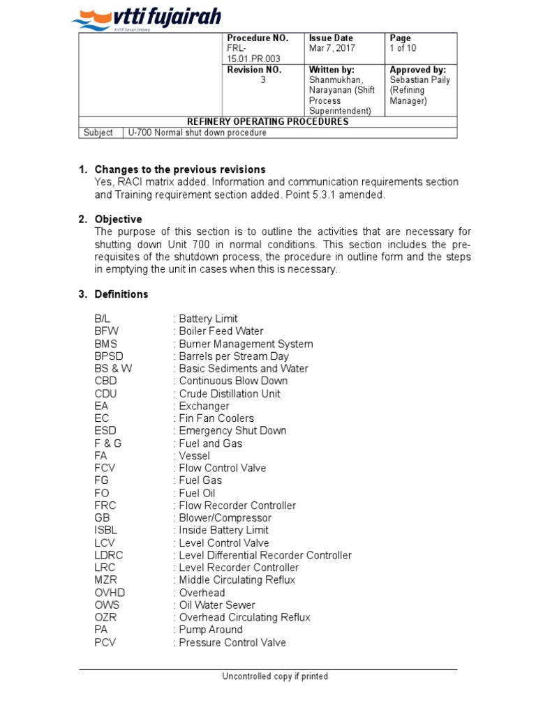 U-700 Normal Shutdown Procedure | PDF | Oil Refinery | Petroleum