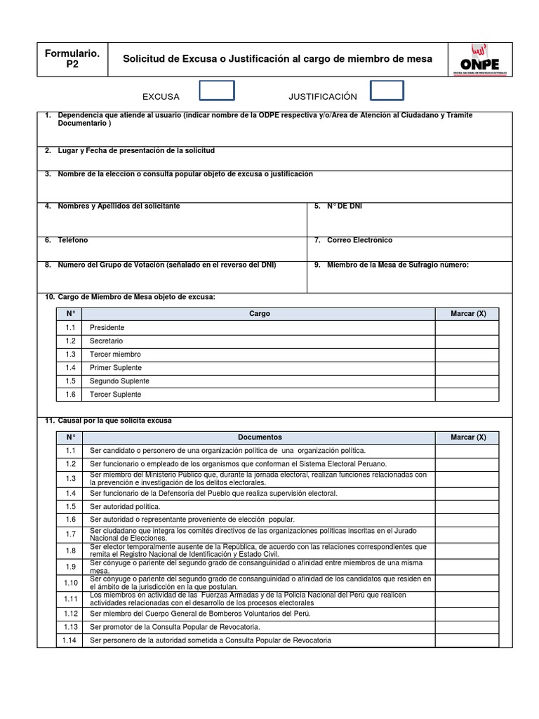 Formulario p2 Modelo Solicitud para Excusas y Justificaciones | PDF | Elecciones | Responsabilidad