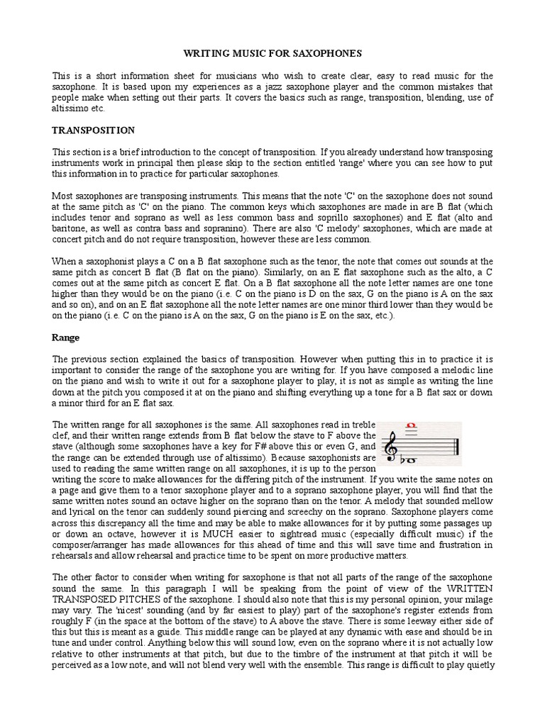 Writing Music for Saxophones Guide | PDF | Saxophone | Tenor Saxophone