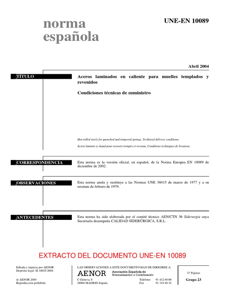 Normativa UNE-EN 10089: Aceros para muelles | PDF | Tratamiento a base ...