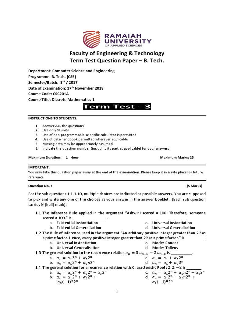 Faculty of Engineering & Technology Term Test Question Paper - B. Tech ...