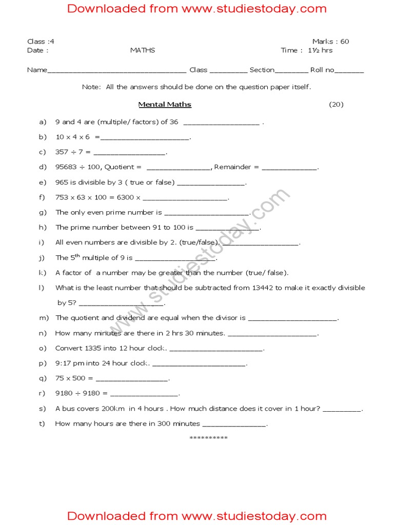 CBSE Class 4 Mathematics Sample Paper Set A | PDF | Division ...