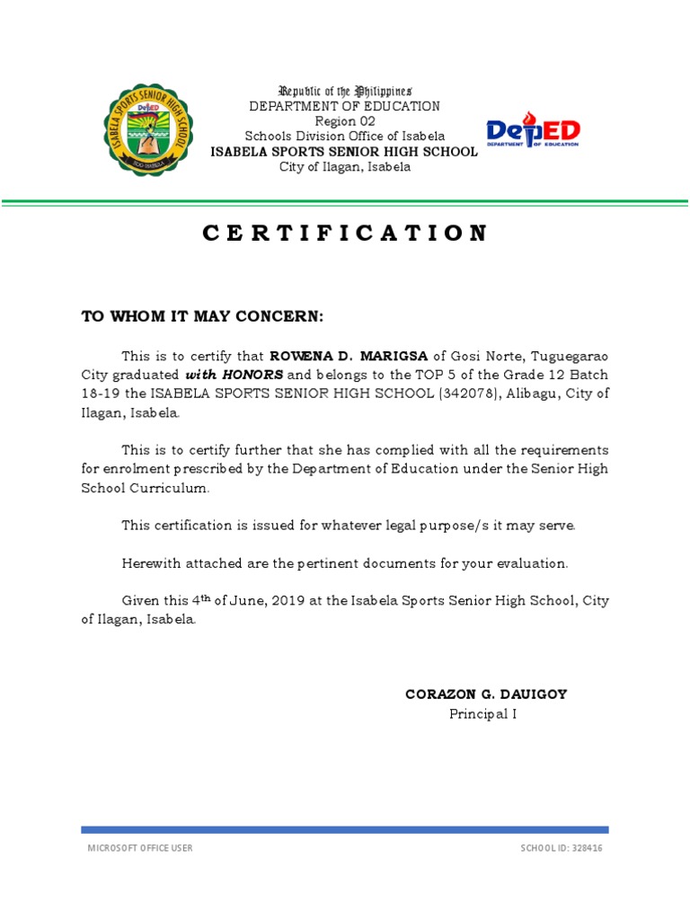 Certification of Grade 12 Enrollment | PDF
