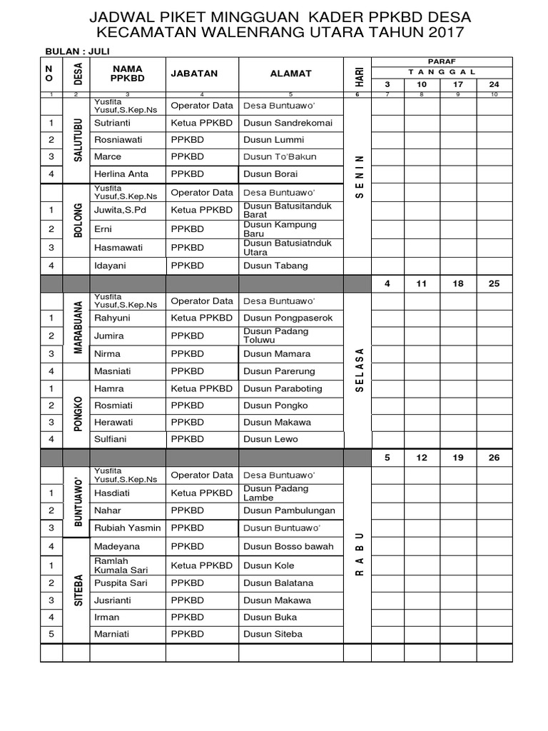 Jadwal Piket Kader PPKBD Juli 2017 | PDF