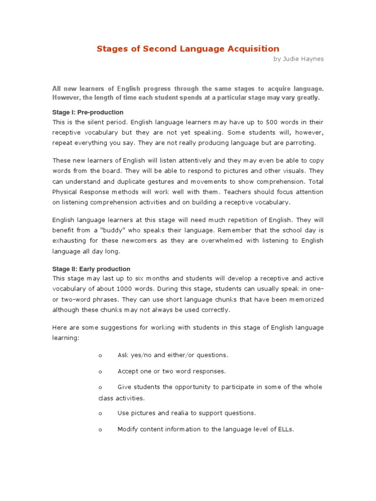 Stages Of Second Language Acquisition Pdf Applied Linguistics