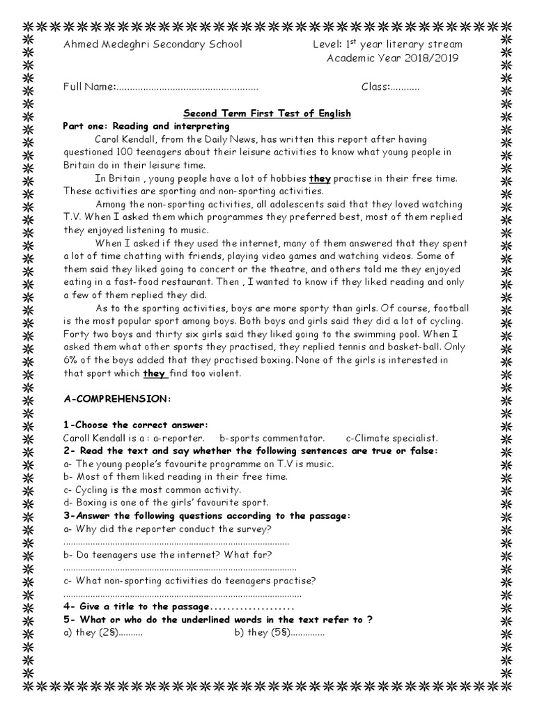 1AS Unit 2 1st Test of The 2nd Term | PDF