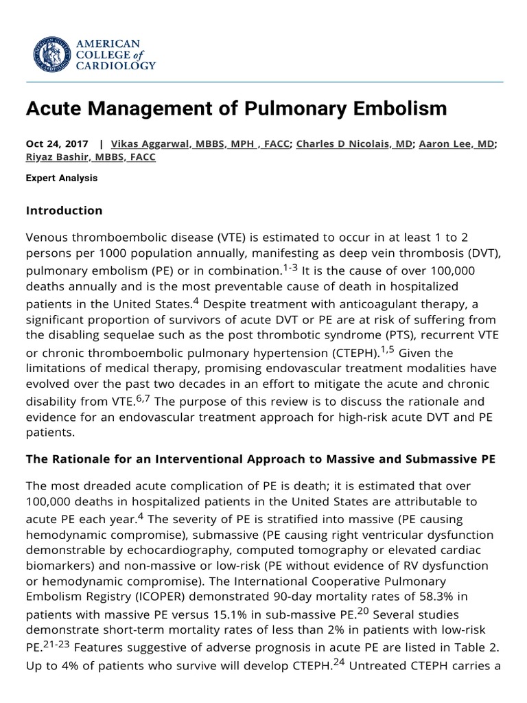 Acute Management of Pulmonary Embolism - American College of Cardiology ...