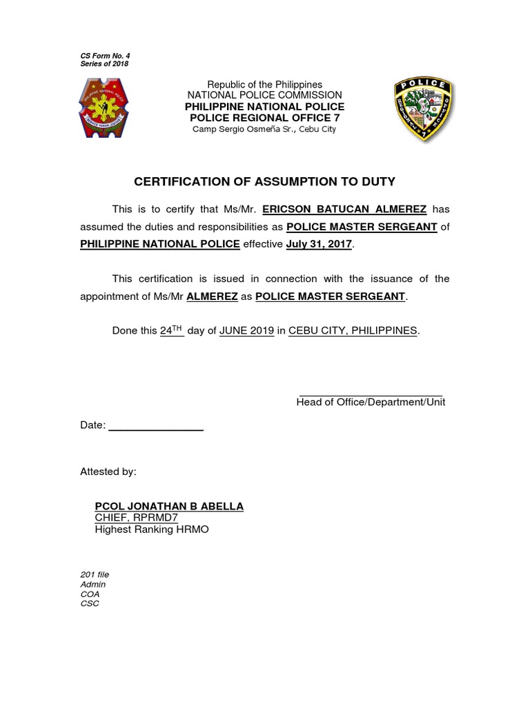 Cs Form No. 4 Certification of Assumption To Duty | PDF