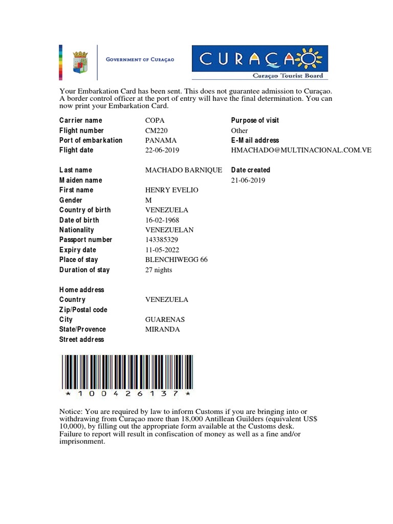 Your Embarkation Card for Curaçao | PDF