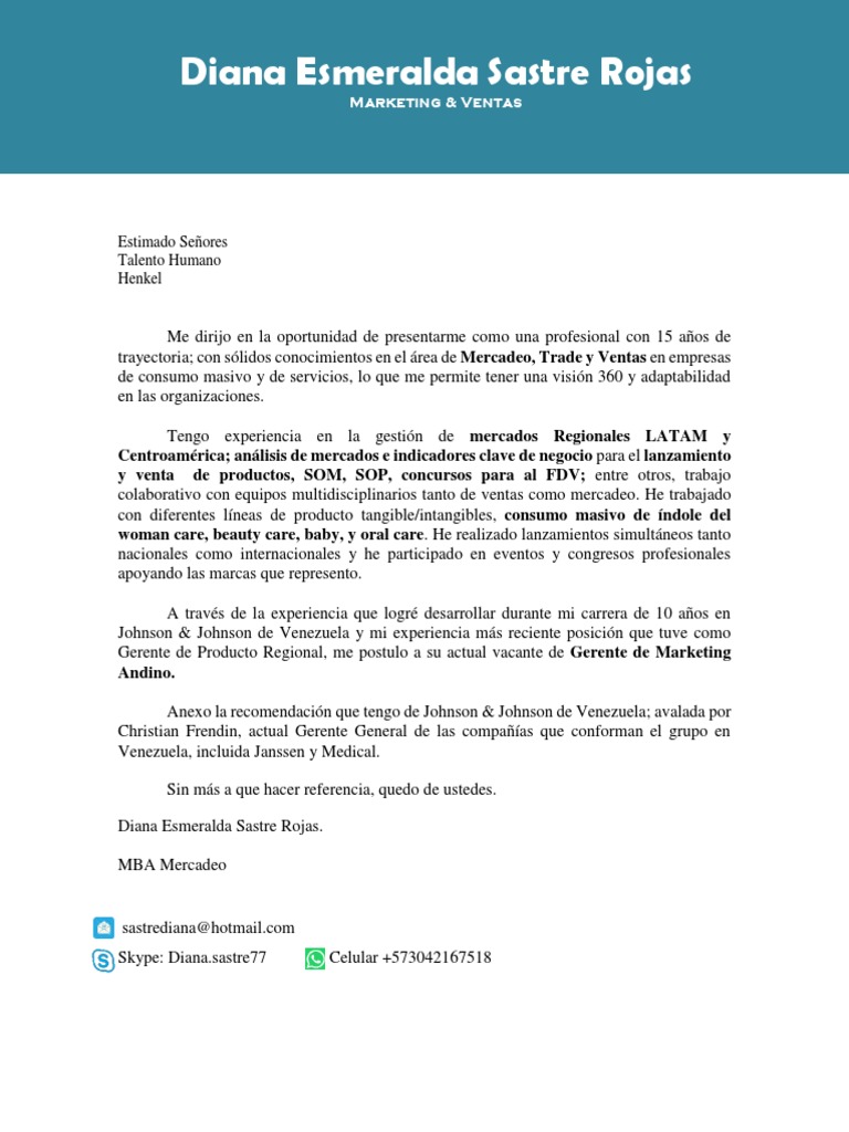 Cover Letter Diana Sastre - Gte MKT Andino | PDF | Negocios