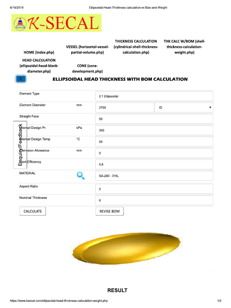 Ellipsoidal Head Thickness Calculation W Size and Weight PDF | PDF