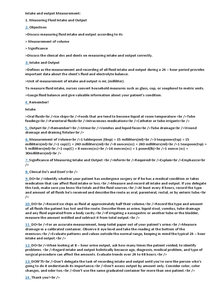 Measuring Fluid Intake and Output | PDF | Teaspoon | Clinical Medicine