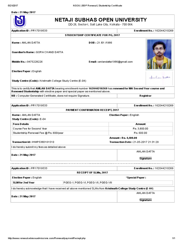 NSOU Studentship Certificate Renewal Receipt | PDF | Service Industries | Services (Economics)