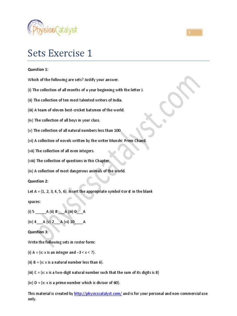 NCERT Maths Class11 Sets Exercise 1 PDF | PDF | Alphabet | Natural Number