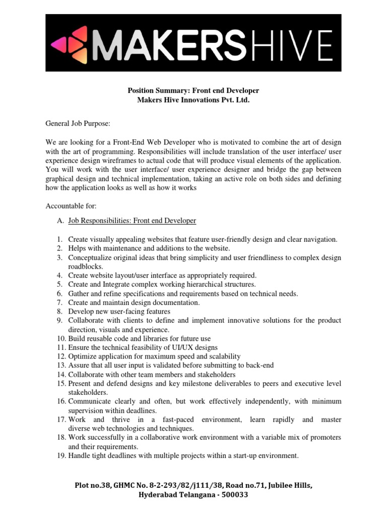 Front End Developer JD MH | PDF | Information Technology | Computing