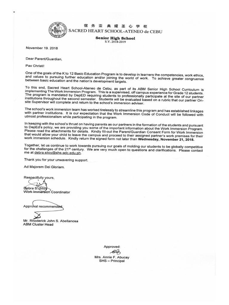 Letter To Parents Immersion Consent | PDF | Employment | Behavior Modification