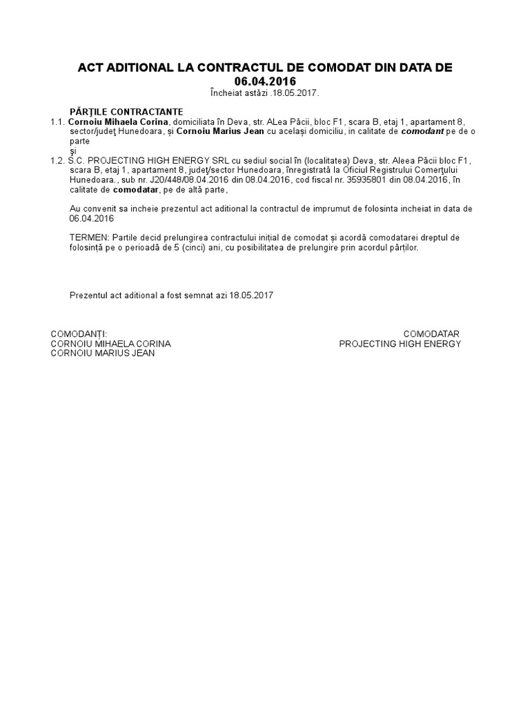 Act Aditional La Contractul de Comodat | PDF