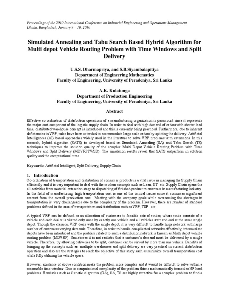 Simulated Annealing and Tabu Search Based Hybrid Algorithm for Multi depot Vehicle Routing ...