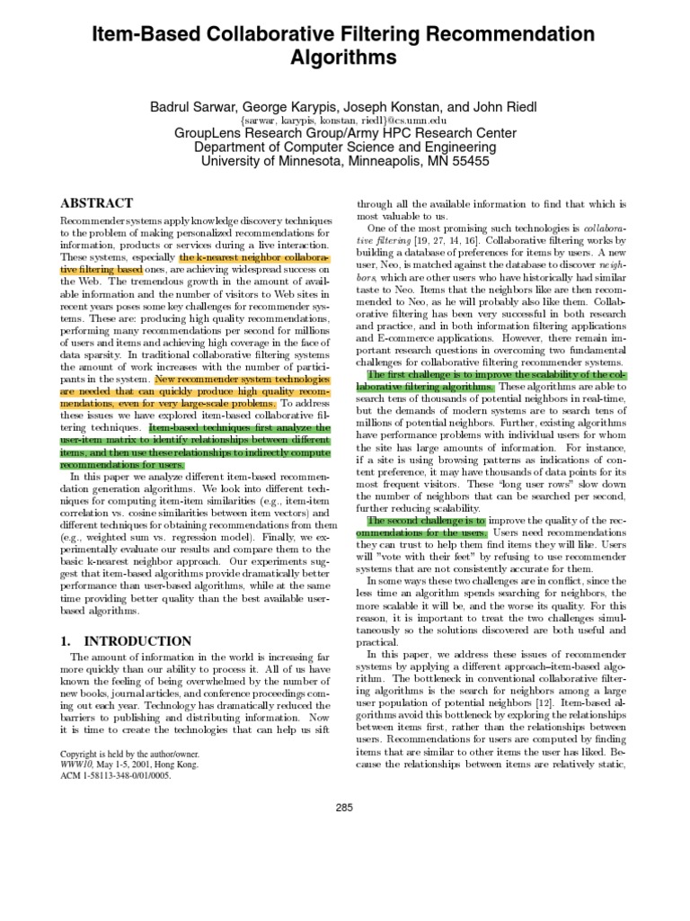 Item Based Collaborative Filtering Recommendation Algorithms Highlighted Paper Pdf