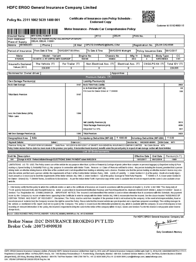 HDFC ERGO General Insurance Company Limited: Policy No. 2311 1002 5639 ...