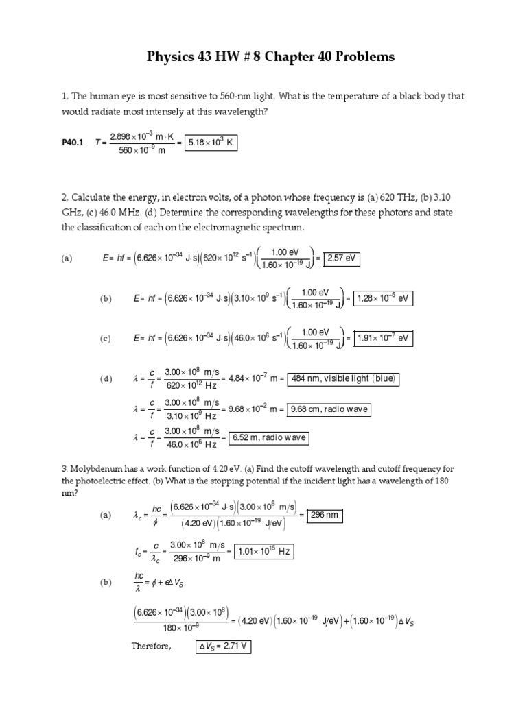 Physics 43 HW # 8 Chapter 40 Problems | PDF | Electronvolt | Hertz