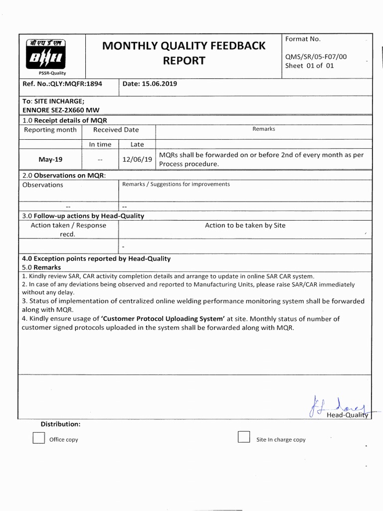 Monthly Quality Feedback: Remarks | Technology | Business