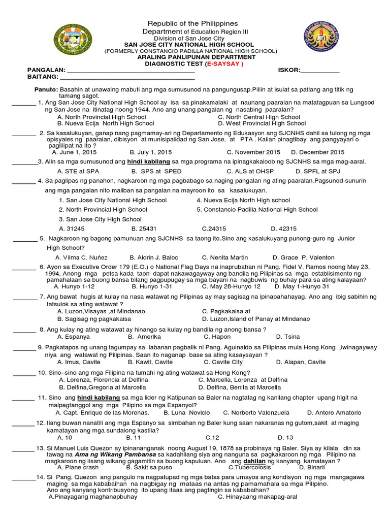 Diagnostic Test Saysay 2019 | PDF