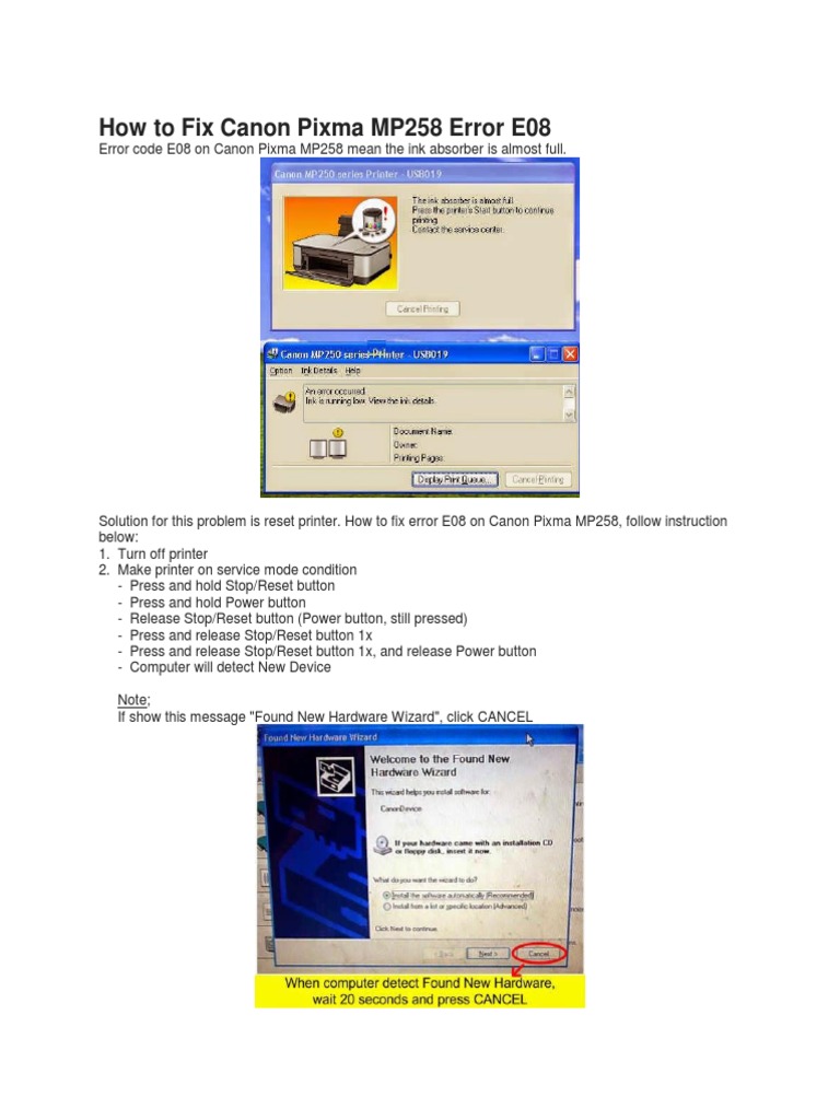 How To Fix Canon Pixma MP258 Error E08 | PDF
